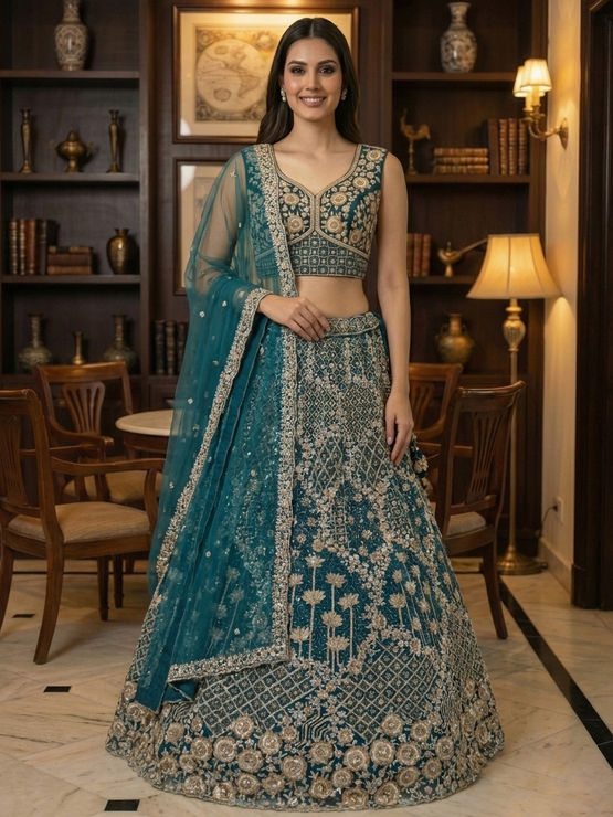 Bridal, Wedding Blue color Net fabric Lehenga : 2037355