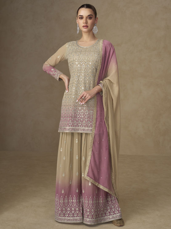 Festive, Reception, Wedding Beige and Brown color Georgette fabric ...