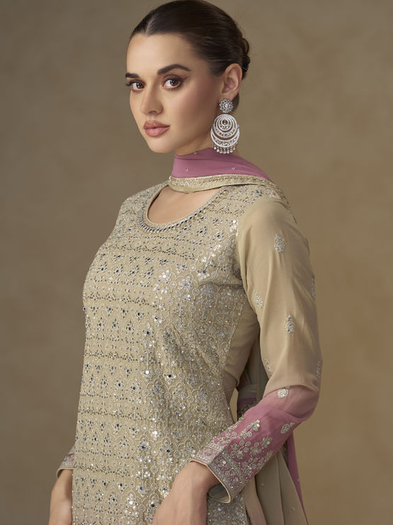 Festive, Reception, Wedding Beige and Brown color Georgette fabric ...